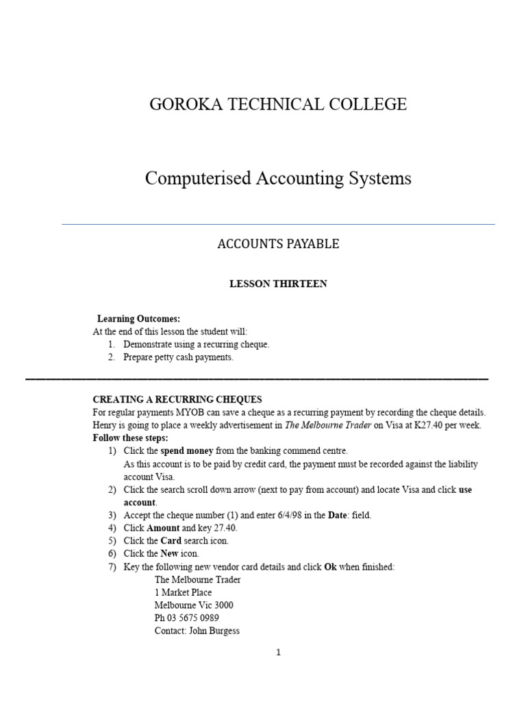 Lesson 13 Notes Recurring Cheques & Petty Cash | PDF | Cheque | Payments