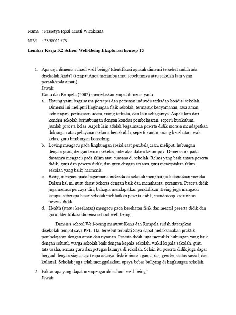 Prasetya Iqbal Musti W. - Lembar Kerja 5.2 School Well-Being Eksplorasi Konsep T5 | PDF