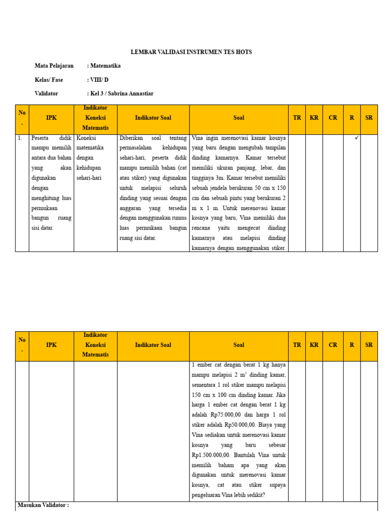 Contoh Lembar Validasi Soal Tes HOTS | PDF