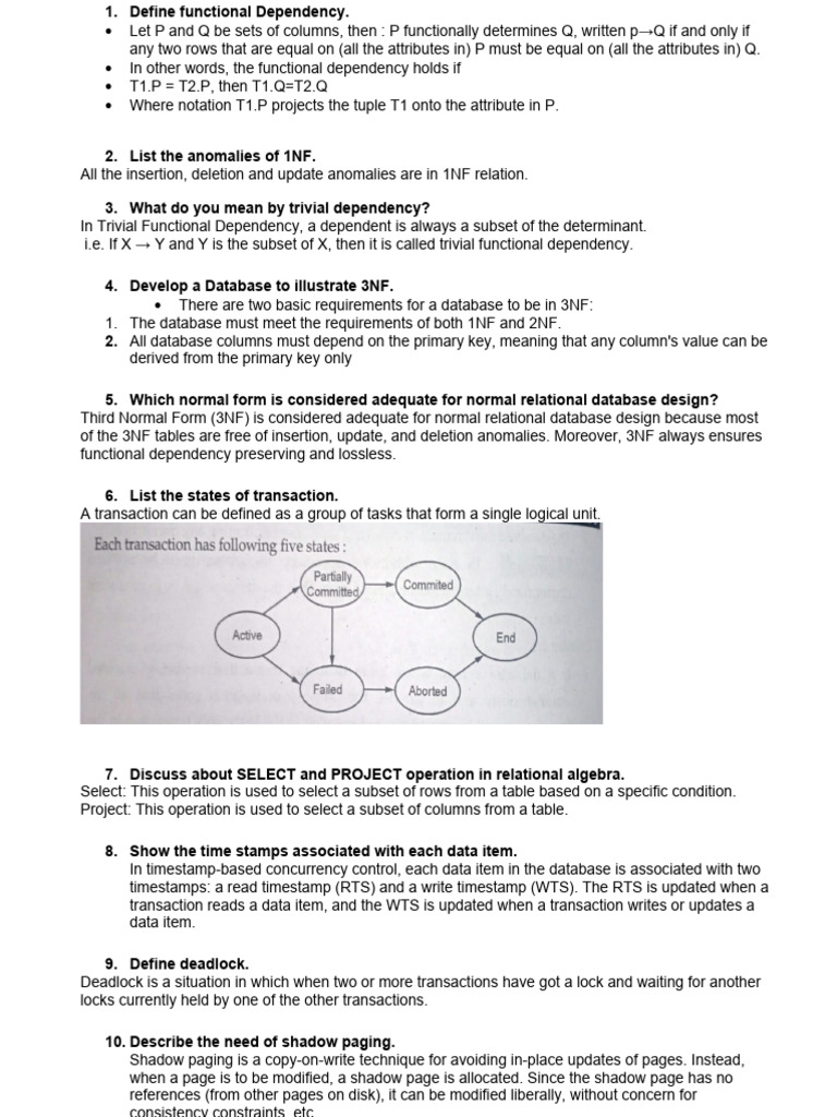 Question Bank For DBMS CIT II 2 Mark Ans-1 | PDF | Relational Model | Databases