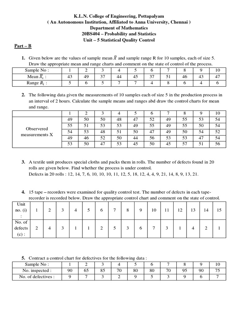 Unit-5 SQC Part-B | PDF | Mean | Sampling (Statistics)