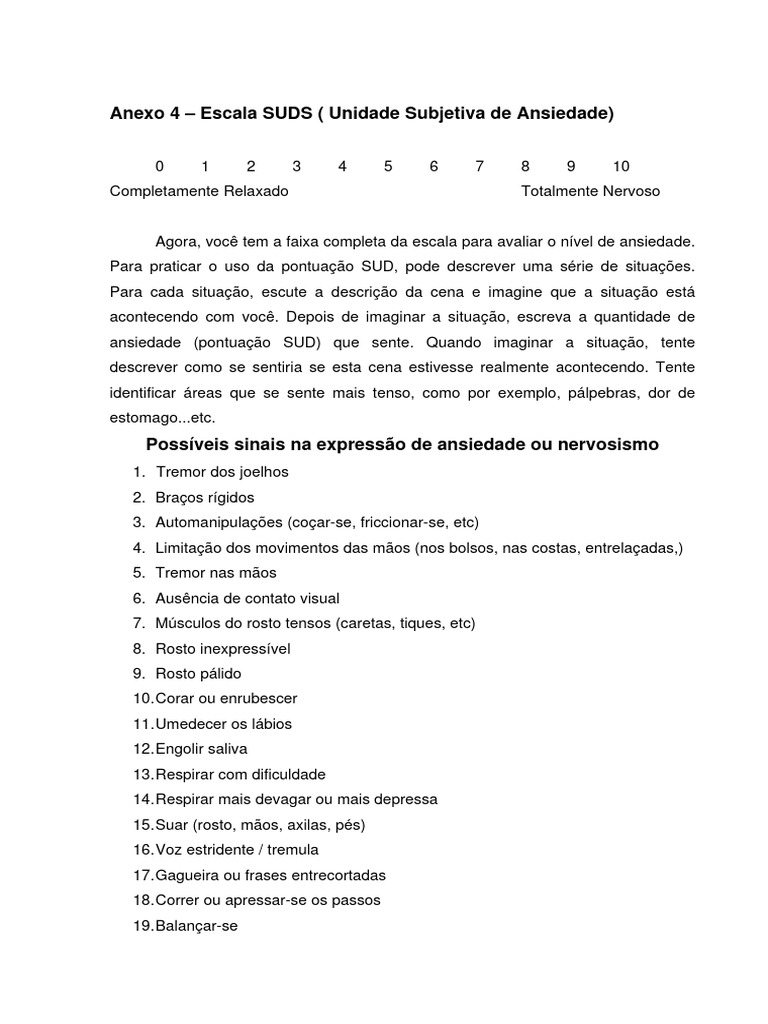 Escala SUDS (Unidade Subjetiva de Ansiedade) | PDF | Artes Linguísticas ...