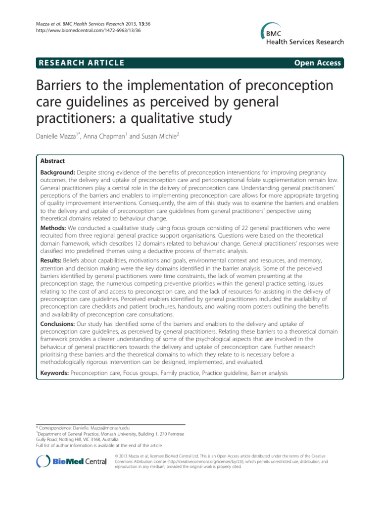 Barriers To The Implementation of Preconception Care Guidelines As Perceived by General ...