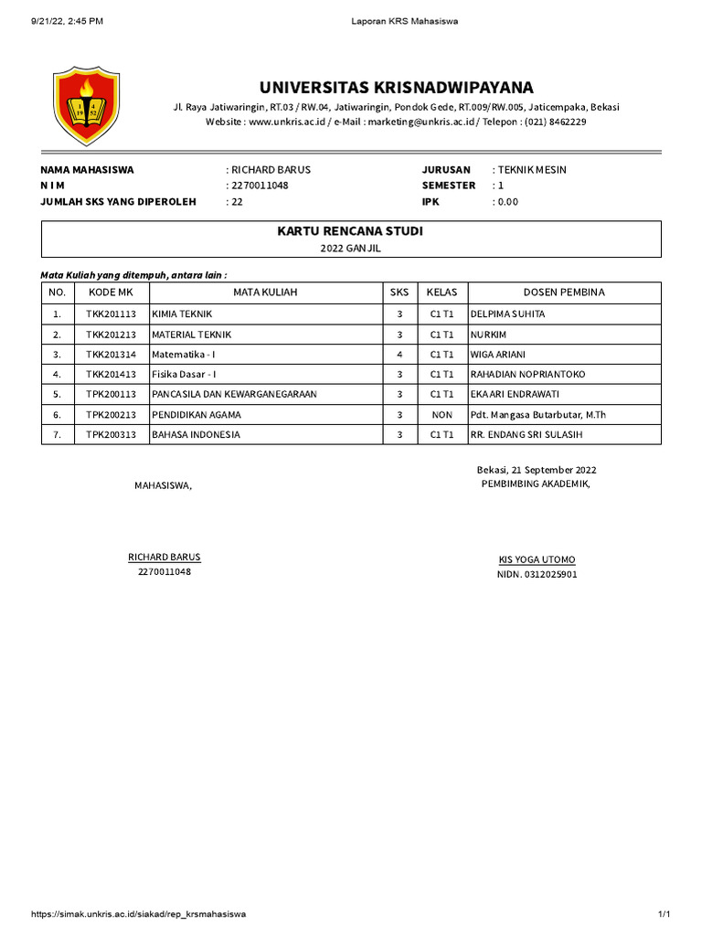 Laporan KRS Mahasiswa | PDF