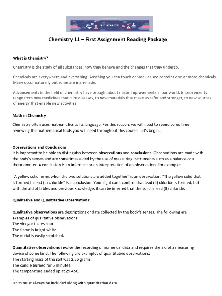 Chem 11 - First Assignment Reading Package | PDF | Significant Figures | Measurement