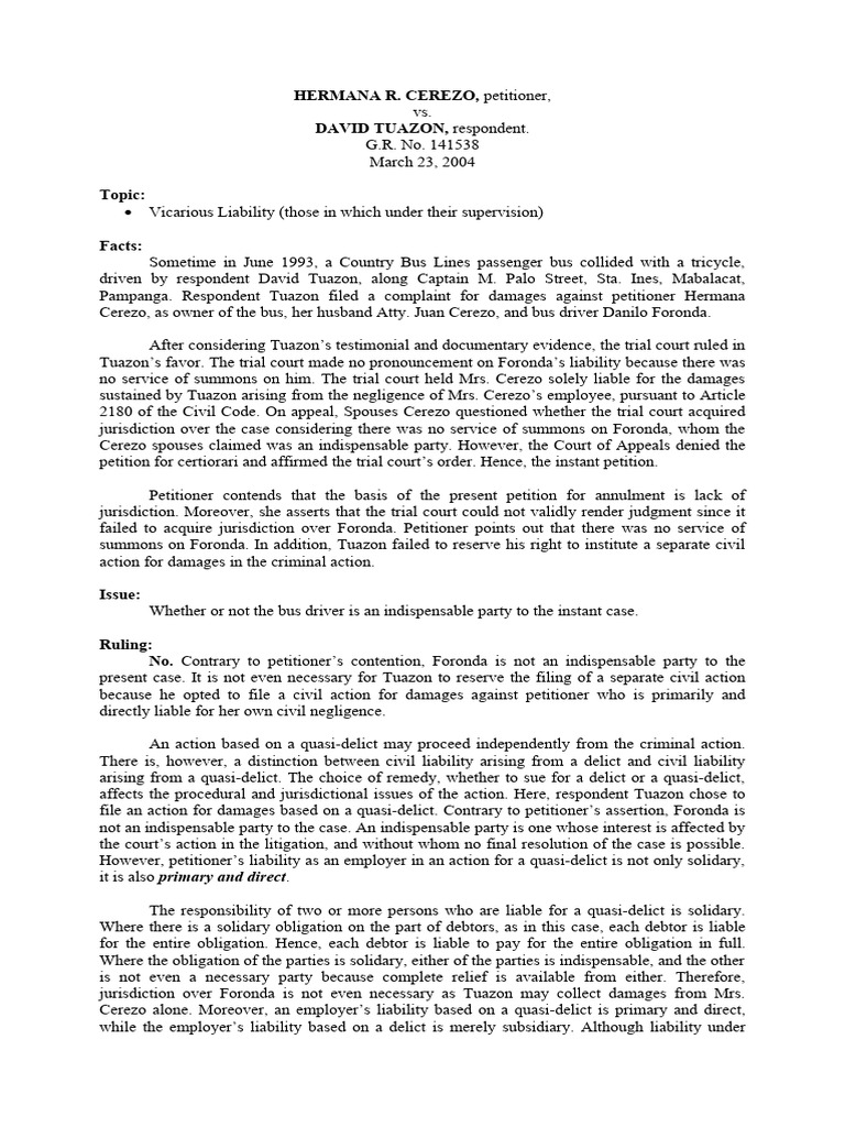 Cerezo v. Tuazon (G.R. No. 141538) | PDF | Lawsuit | Legal Liability