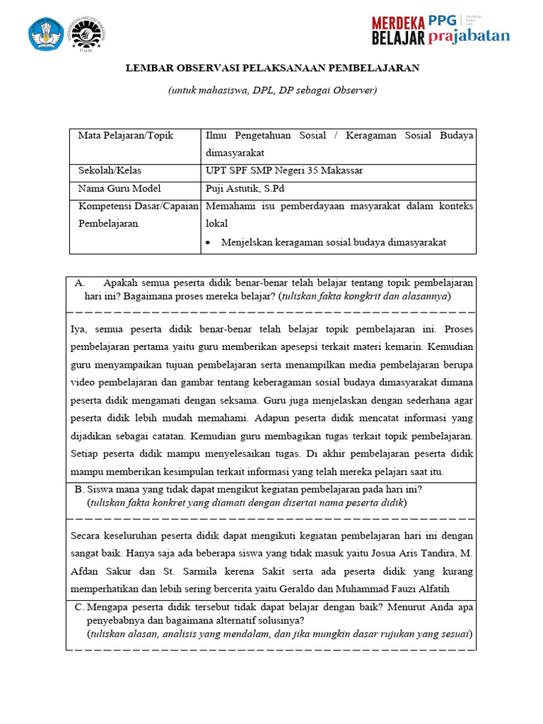 Lampiran 5. LK 4 Format Lembar Observasi Pelaksanaan Pembelajaran Untuk Observer | PDF