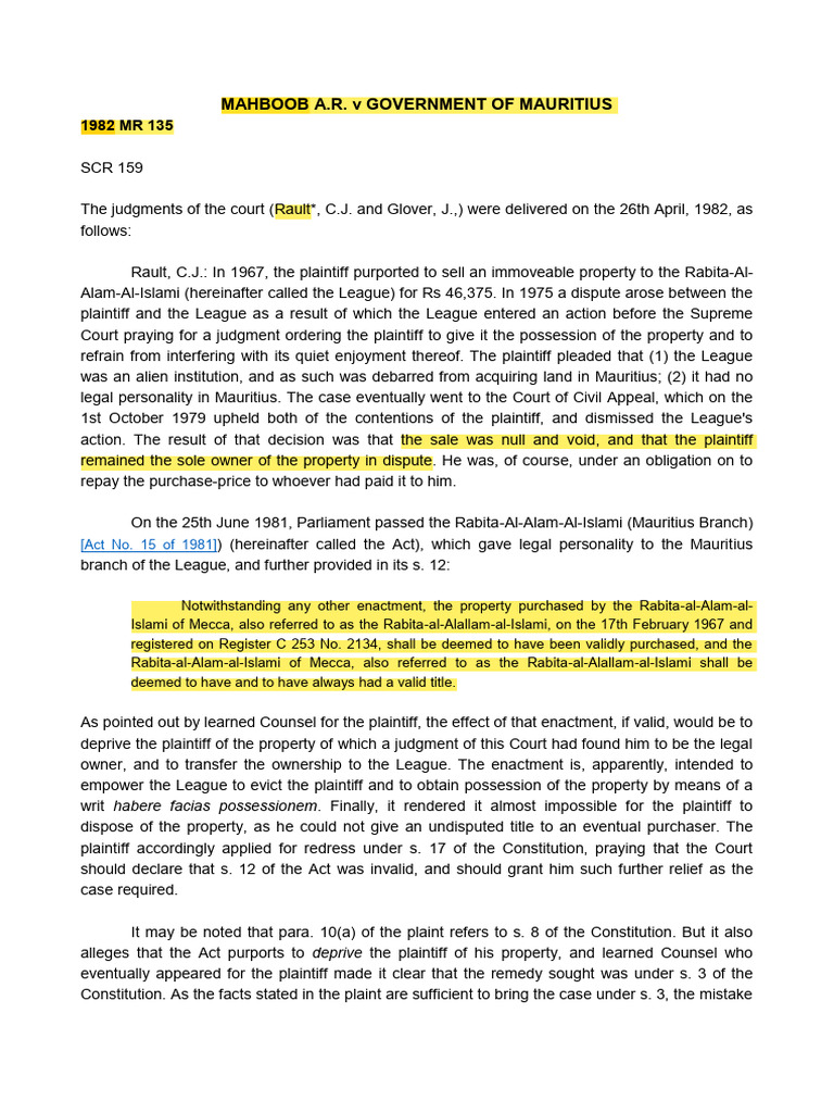 Mahboob R V Government Mauritius 1982 MR 135 1982 SCJ 159a 1982 SCJ ...