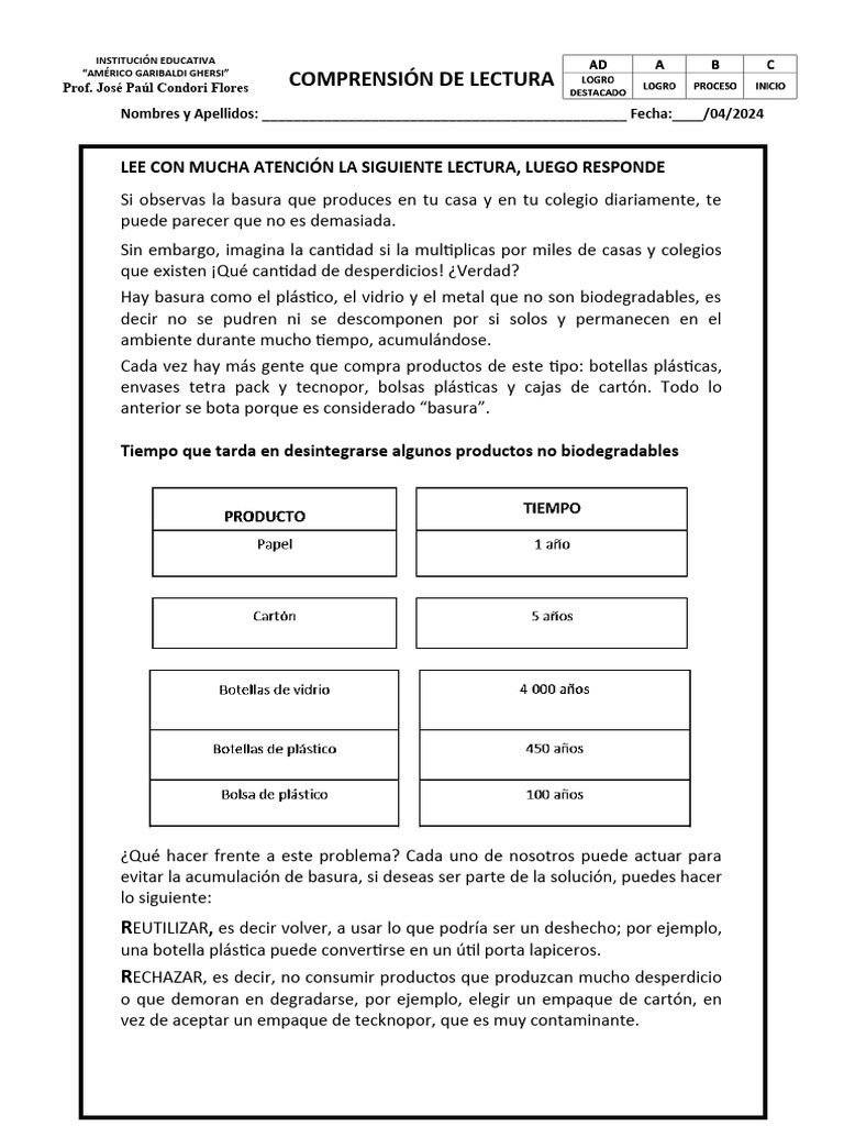 Lectura Planeta Limpio | PDF | Residuos | El plastico