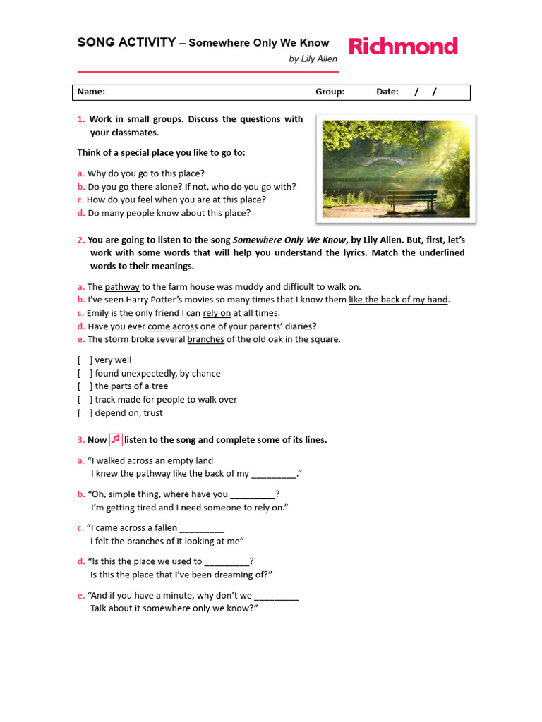 Song Activity: Somewhere Only We Know | PDF | Language Arts ...