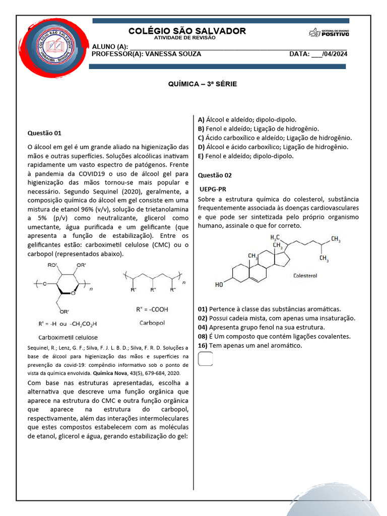 Atividade Química 3ano 230424 | PDF | Aldeído | Éster