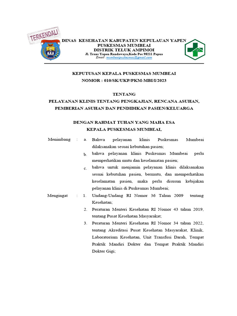 SK Pelayanan Klinis Tentang Pengkajian, Rencana Asuhan, Pemberian Asuhan Dan Pendidikan Pasien ...