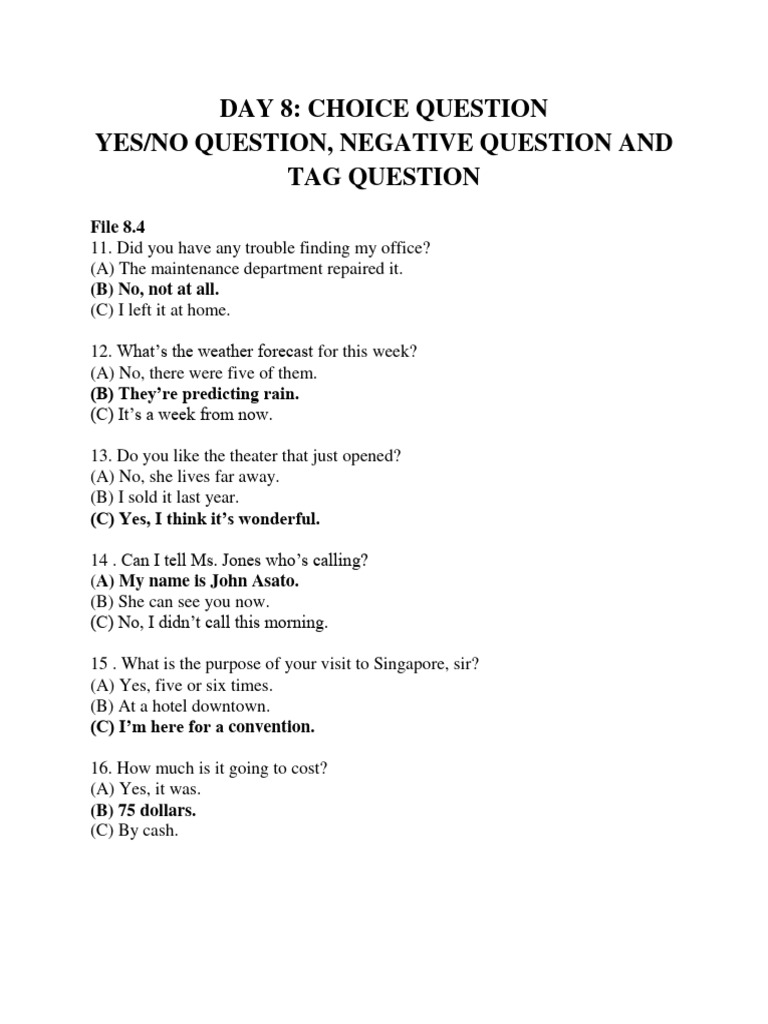 Day 8. Choice Question, Yes-No Question, Negative Question and Tag ...