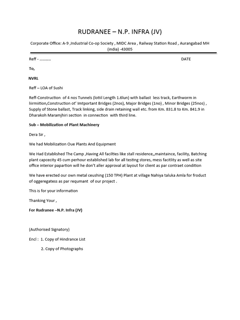 LETTER 1 Mobilization of Plant Machinery | PDF