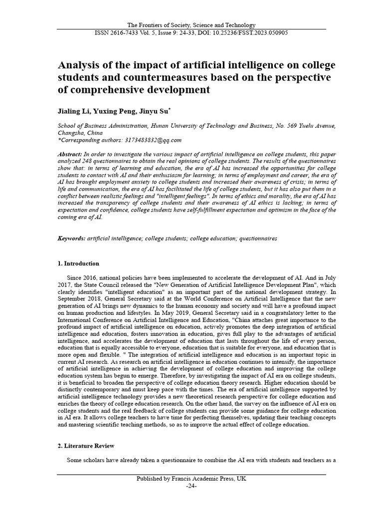 Analysis of the impact of artificial intelligence on college students ...