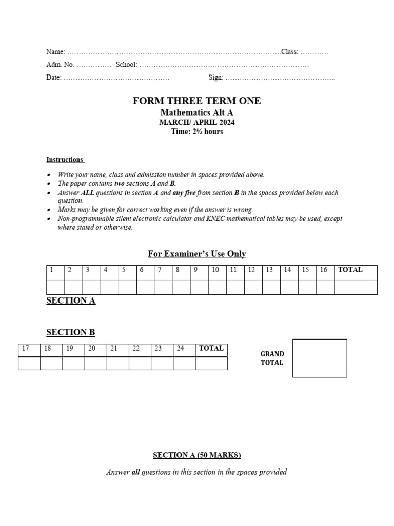 Form 3 - Mathematics - Question Paper | PDF | Mathematics
