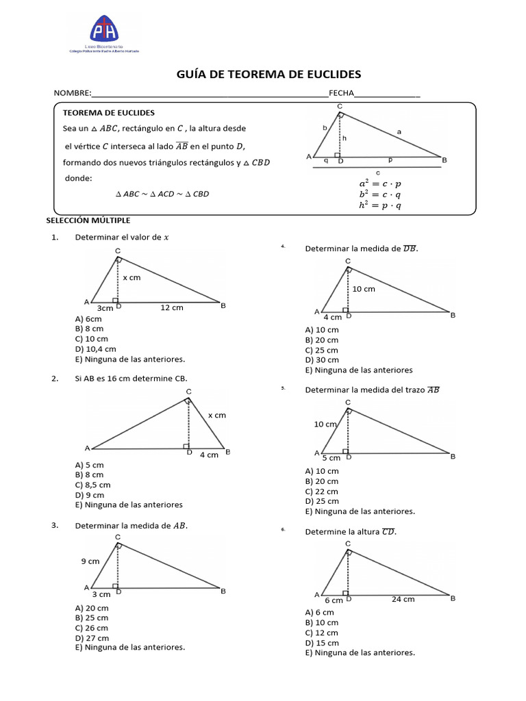 Guía Teorema de Euclides Selección Múltiple | Descargar gratis PDF | Geometría Elemental ...
