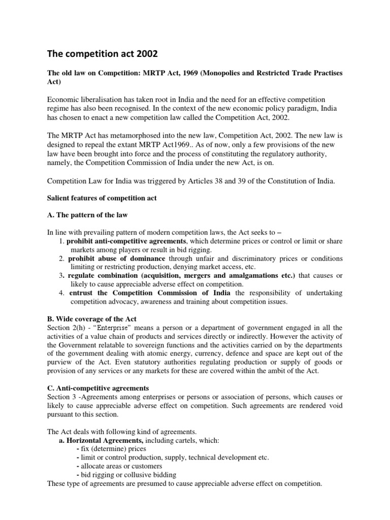 Salient Features of Competition Act 2002 | PDF | Competition Law ...