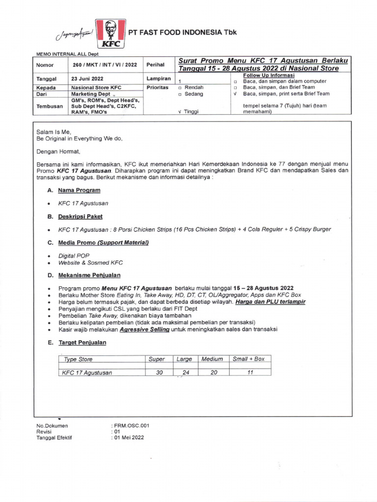Surat Promo Menu KFC 17 Agustusan Berlaku Tanggal 15 - 28 Agustus 2022 Di Nasional Store KFC | PDF