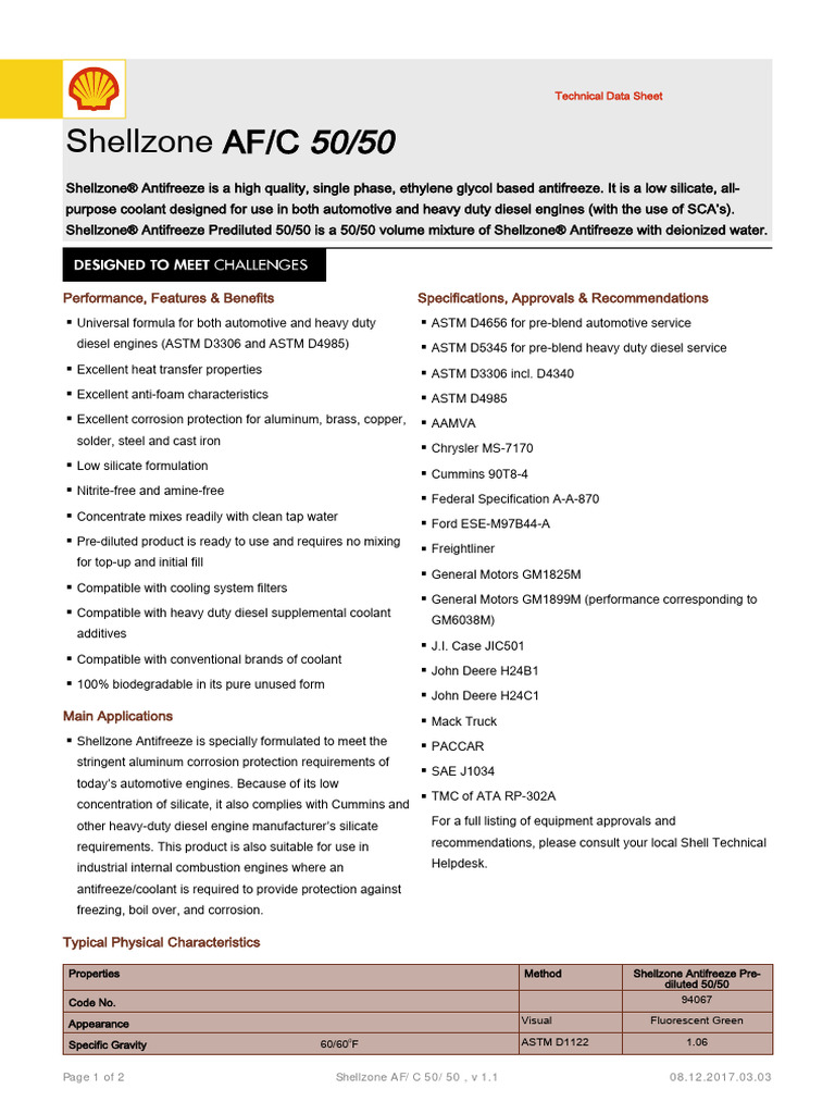 Shellzone Antifreeze Coolant 50 - 50 Datasheet | PDF | Materials | Chemical Substances