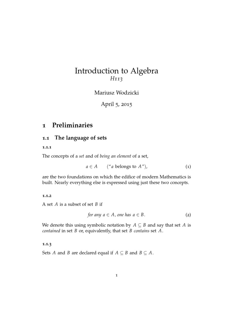 Introduction To Algebra: 1 Preliminaries | PDF | Set (Mathematics) | Function (Mathematics)