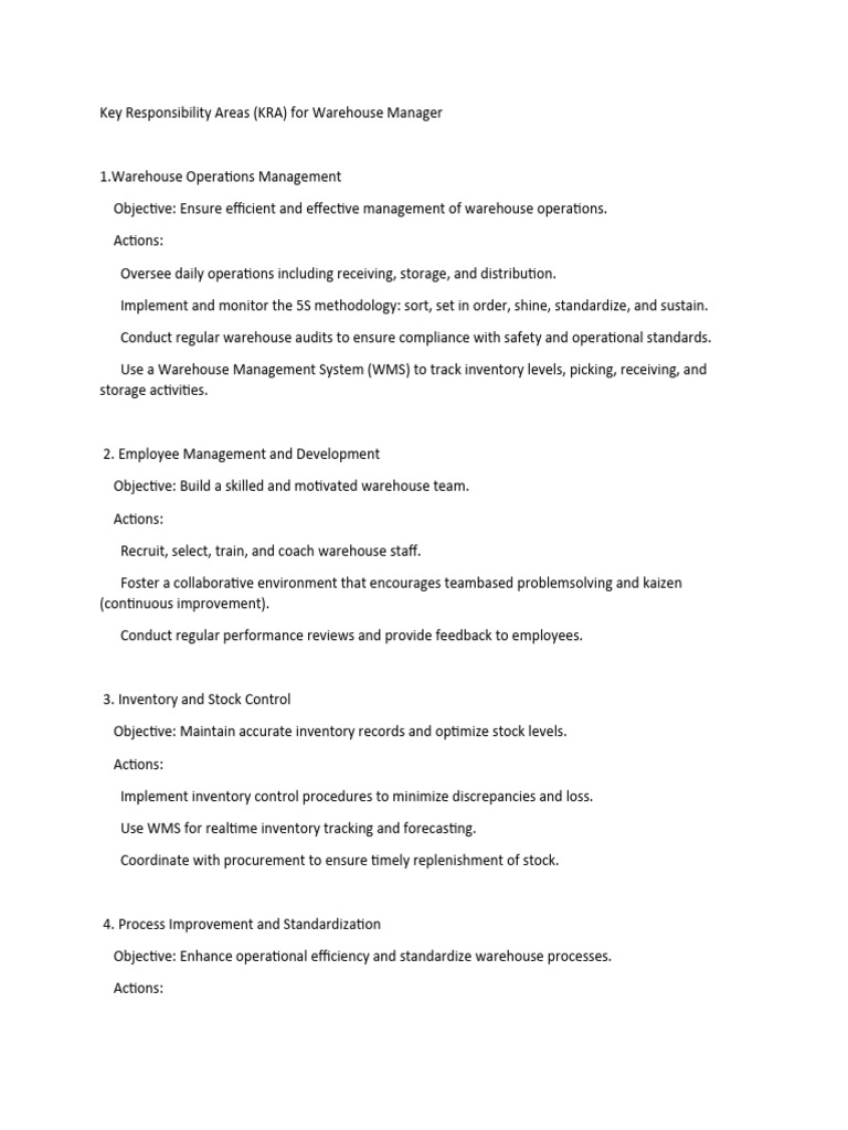 Key Responsibility Areas | PDF | Warehouse | Inventory