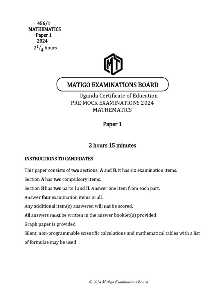 Matigo Pre Mocks 2024 Uce MTC 1 | PDF | Taxes | Cakes