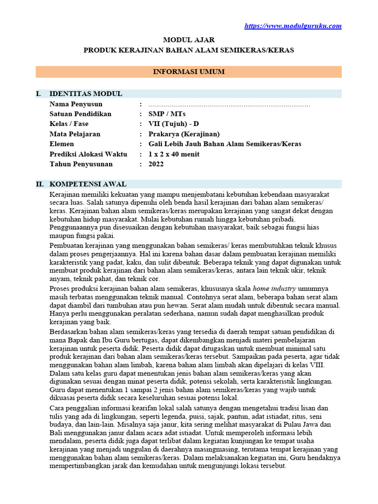 Modul Ajar Kelas 7 SMP Prakarya Kerajinan Unit 2 - 1 | PDF
