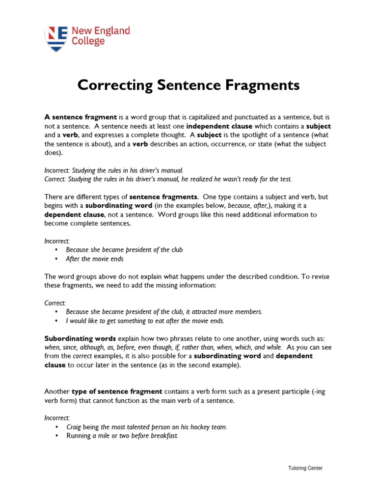 Tutoring Correcting Sentence Fragments | PDF | Phrase | Sentence ...
