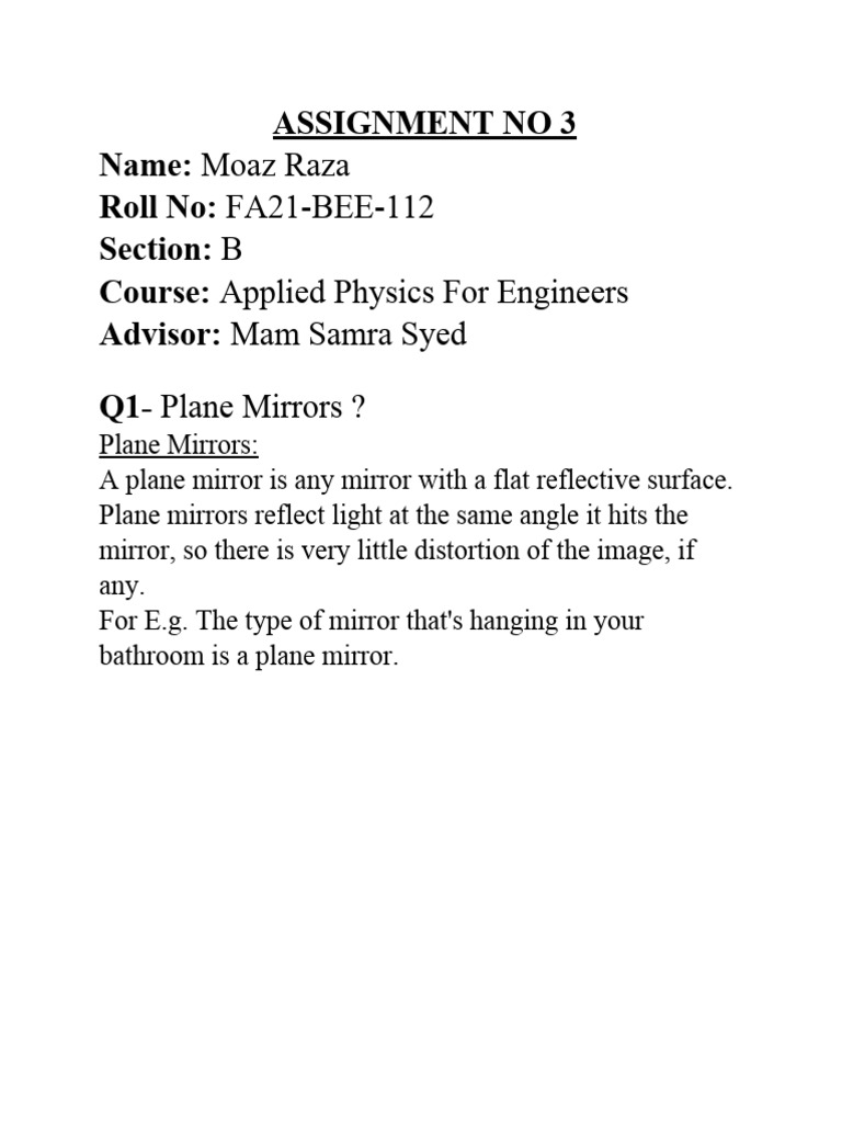 Assignment No 3 Pdf Mirror Optics