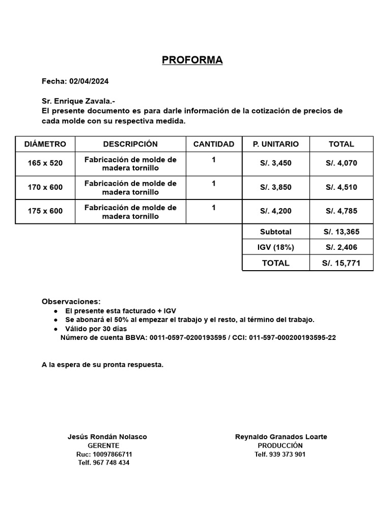 PROFORMA - Fabricacion de Moldes 4 | PDF