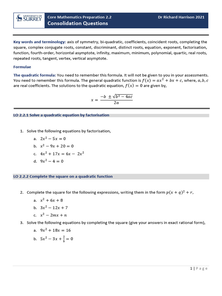 2.2 Consolidation Questions | PDF | Quadratic Equation | Mathematics