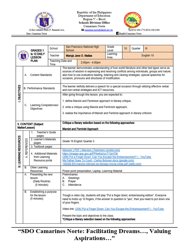 English 10 Lesson Plan: Marxism & Feminism | PDF | Feminism | Gender ...