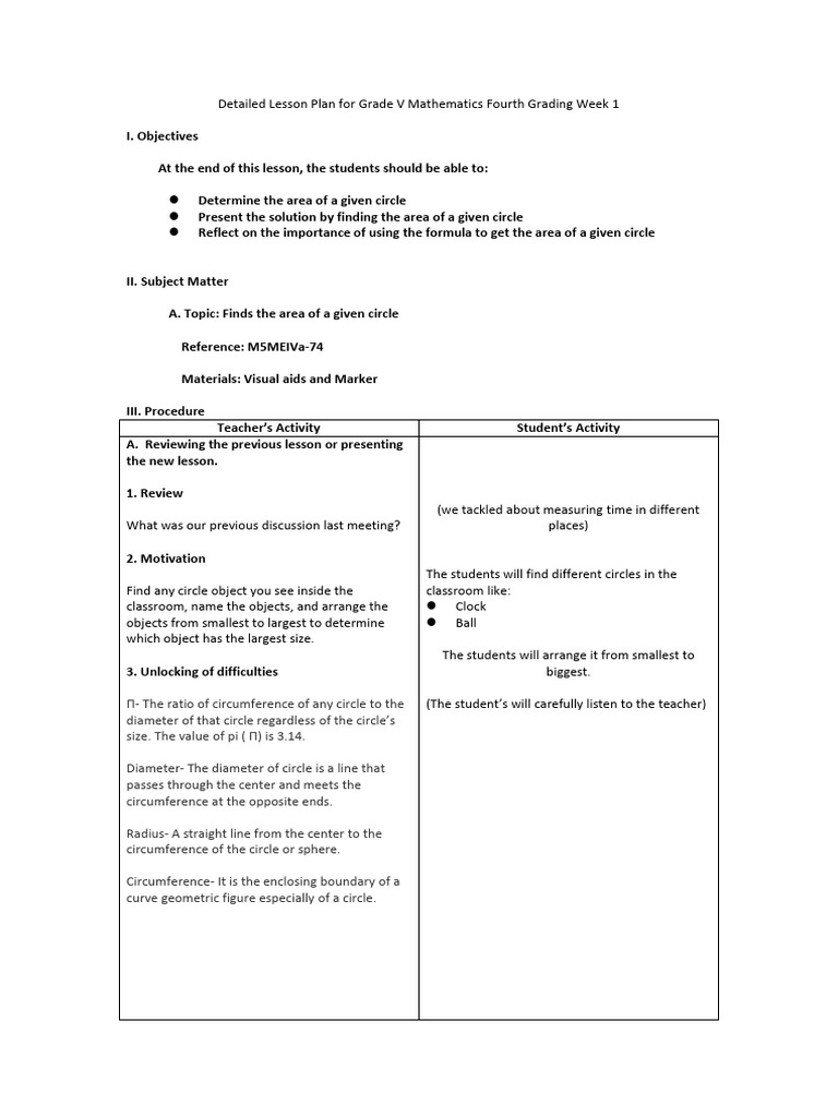 Area of a Circle Lesson Plan for Grade V | PDF | Area | Circle