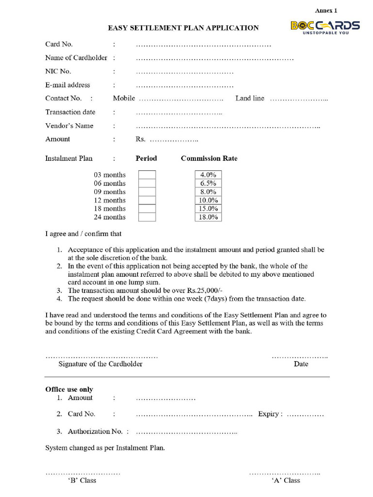 Boc Easy Settlement Plan Application Form - en | PDF
