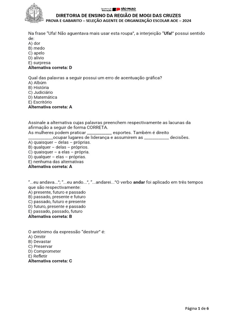 Gabarito e Prova Agente de Organizao Escolar Aoe 2024 - Demgc - 11 04 ...