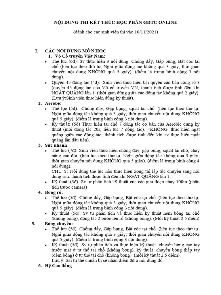 Nội Dung Thi Kết Thúc Học Phần Gdtc Online | PDF