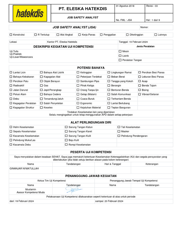 Jsa Formulir Job Safety Analyst | PDF