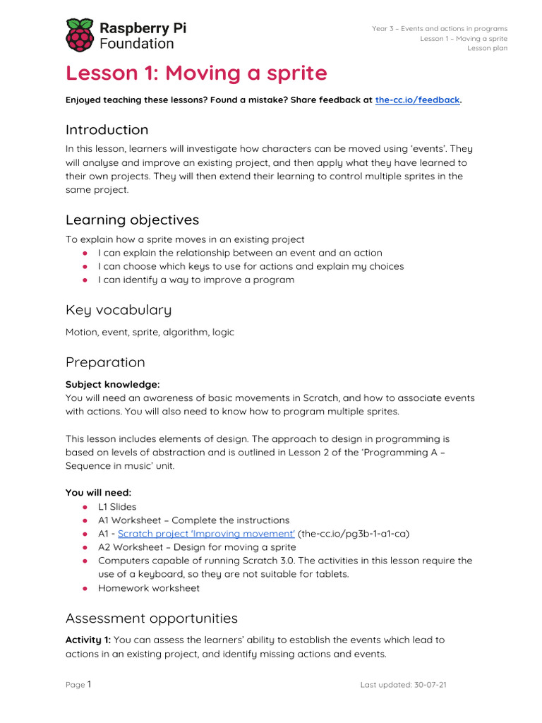 L1 Lesson Plan - Events and Actions in Programs - Y3 | PDF | Scratch ...