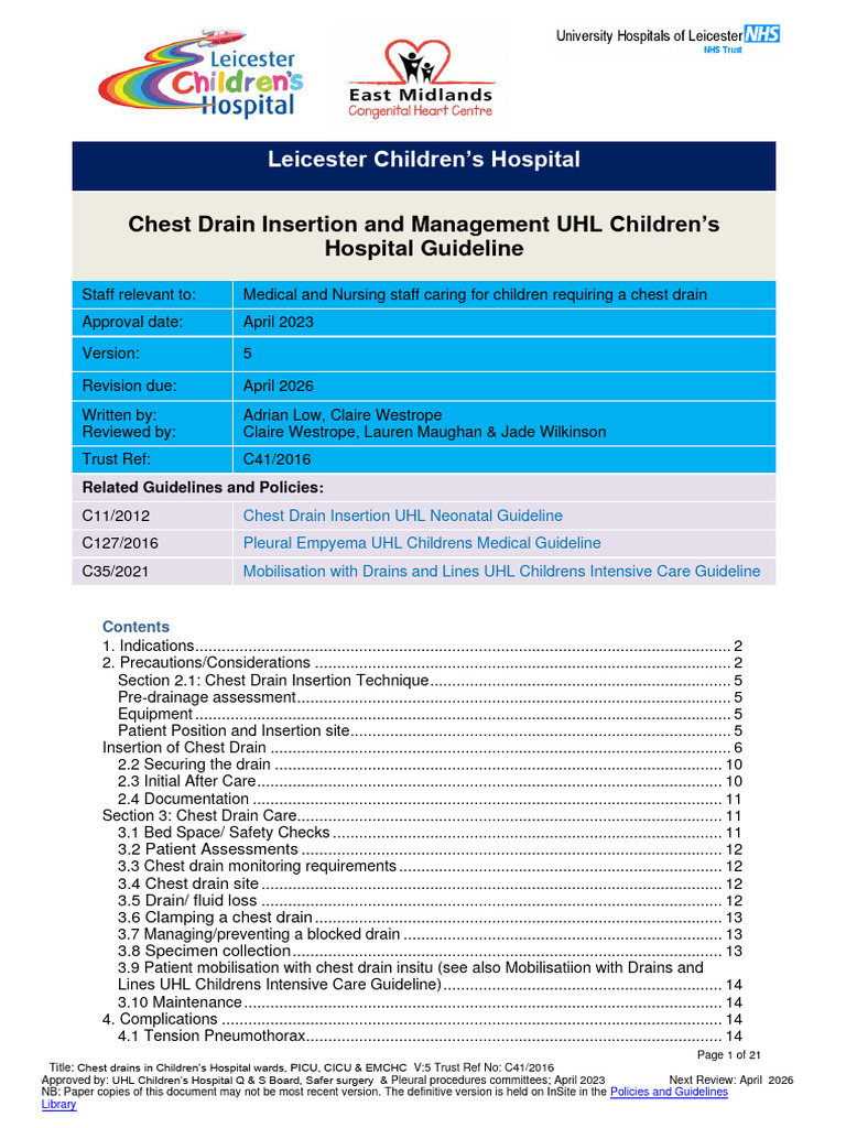 Chest Drain Insertion and Management UHL Childrens Hospital Guideline ...