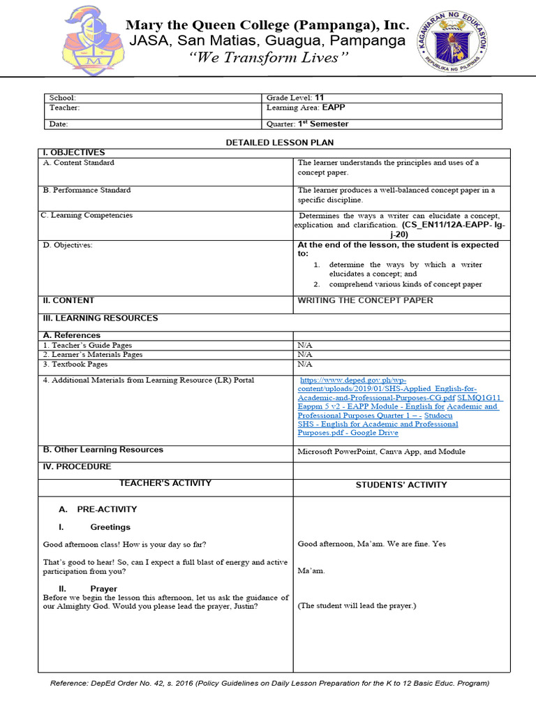EAPP Lesson Plan: Writing Concept Papers | PDF | Definition | Seven ...