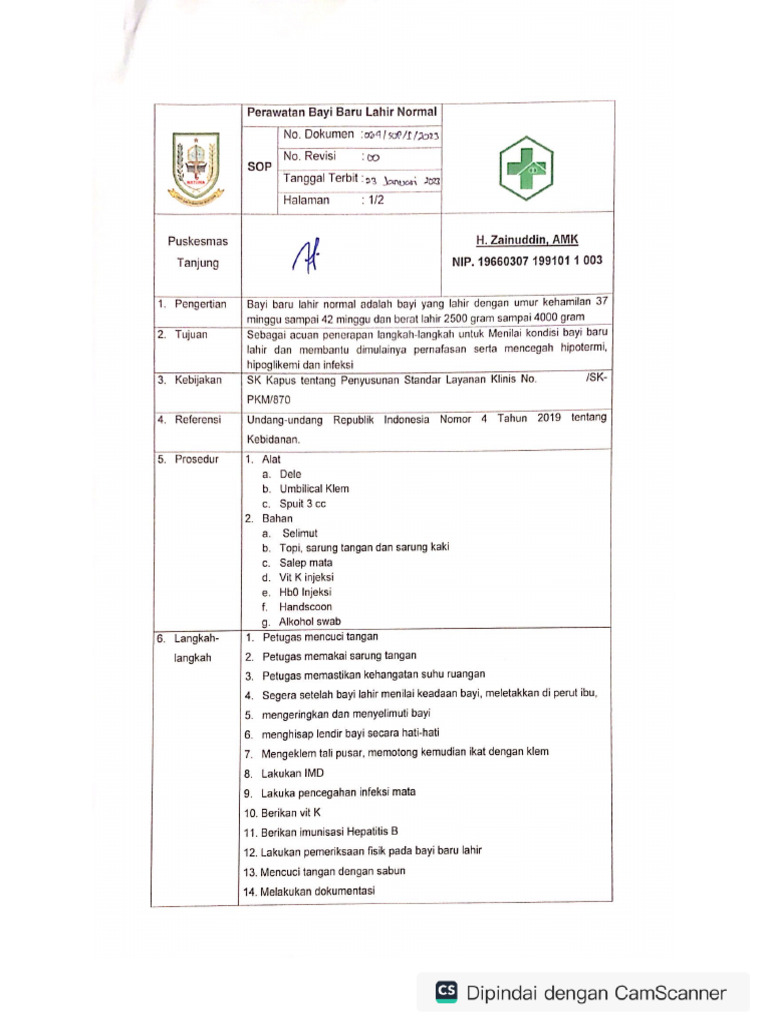 SOP Perawatan Bayi Baru Lahir Normal | PDF