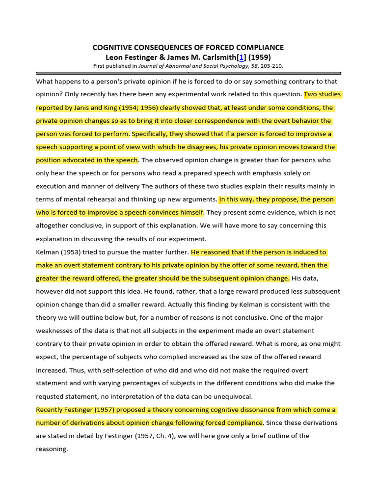 Cognitive Dissonance and Compliance | PDF | Experiment | Thought
