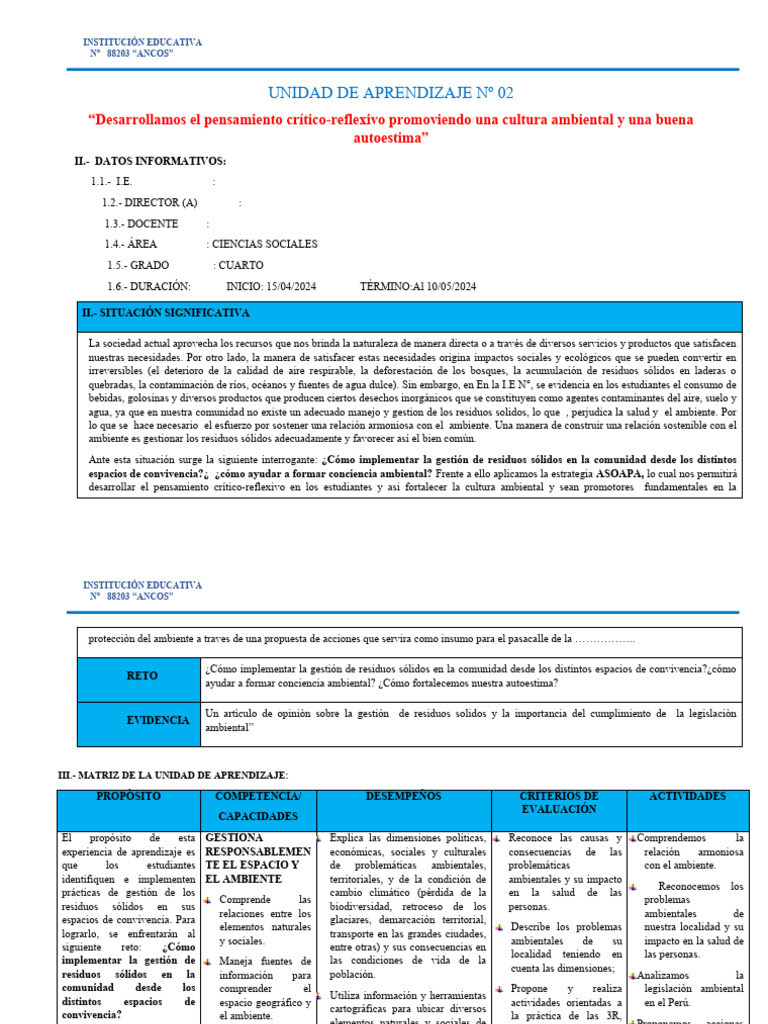 Unidad de Aprendizaje #02 - 4º | PDF | Aprendizaje | Entorno natural