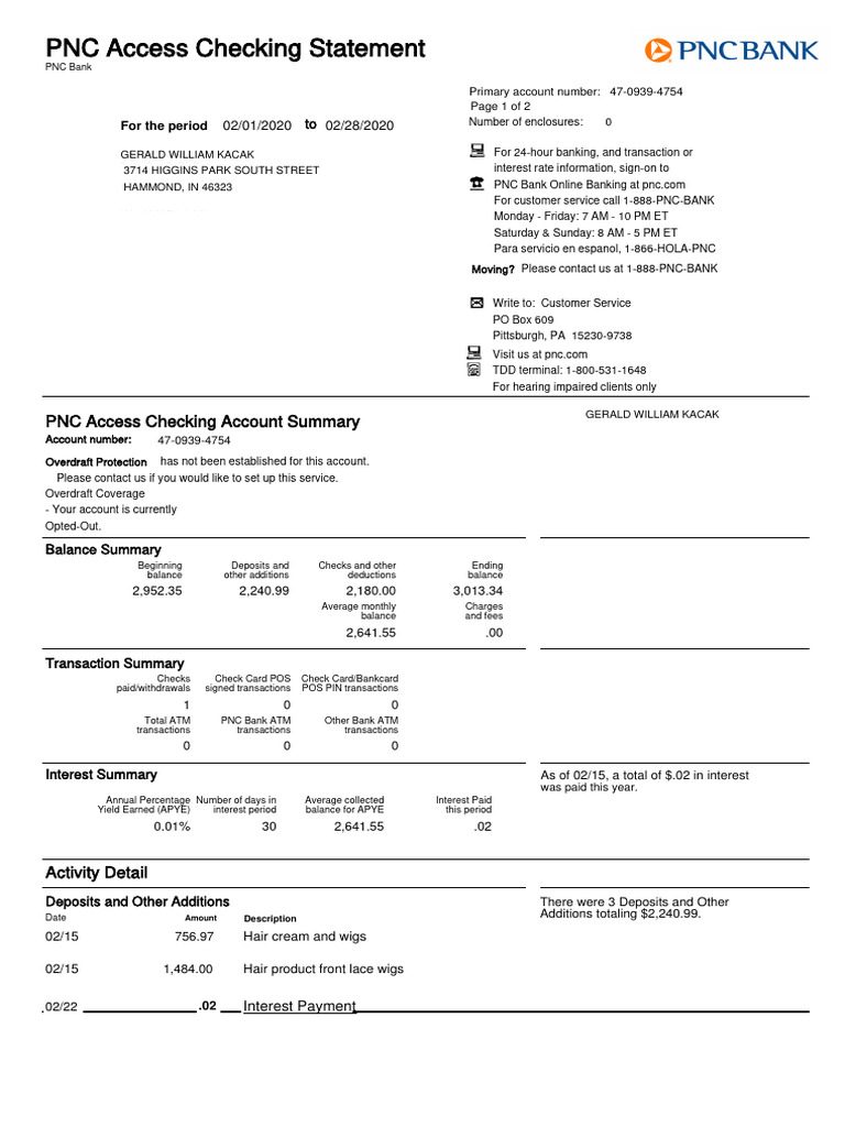 PNC Bank Statement GERALD WILLIAM KACAK | PDF | Overdraft | Interest
