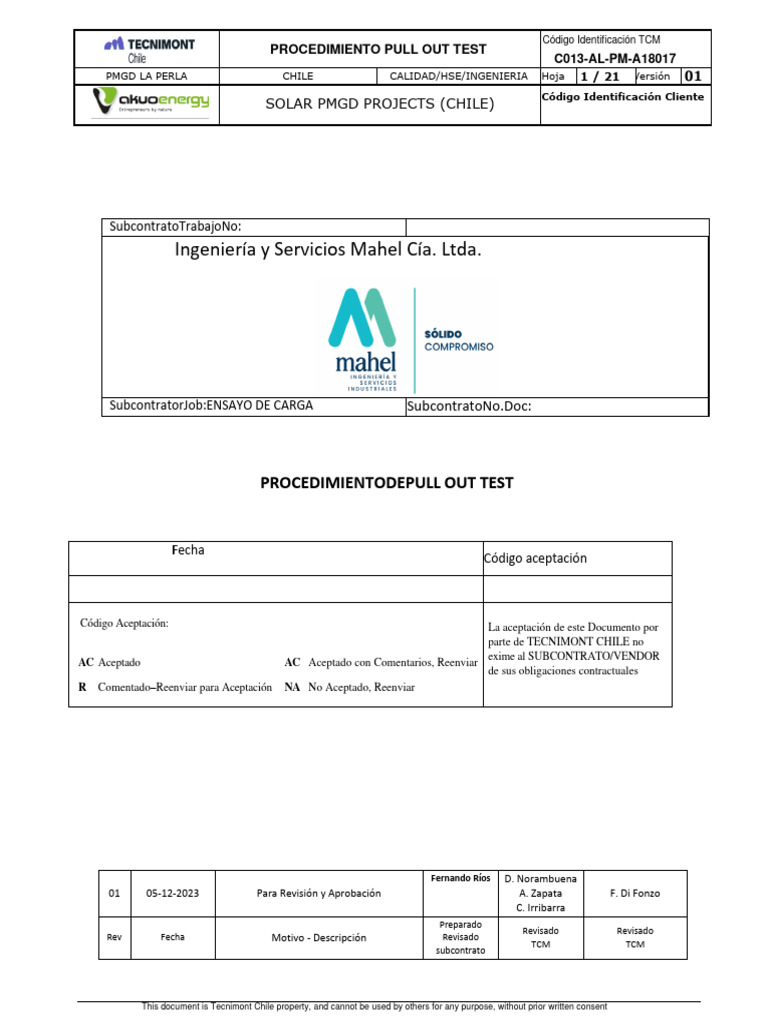 Procedimiento de Pull Out Test en Chile | PDF | Seguridad y salud ...