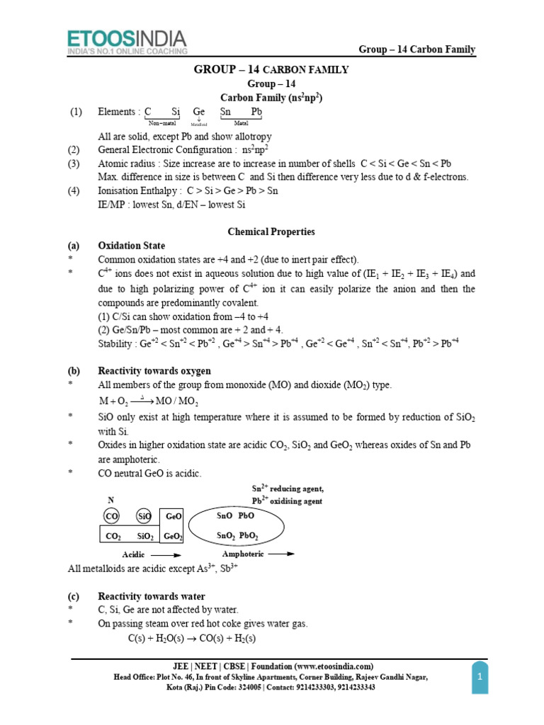 Group 14 Carbon Family Overview | PDF | Silicate | Carbon