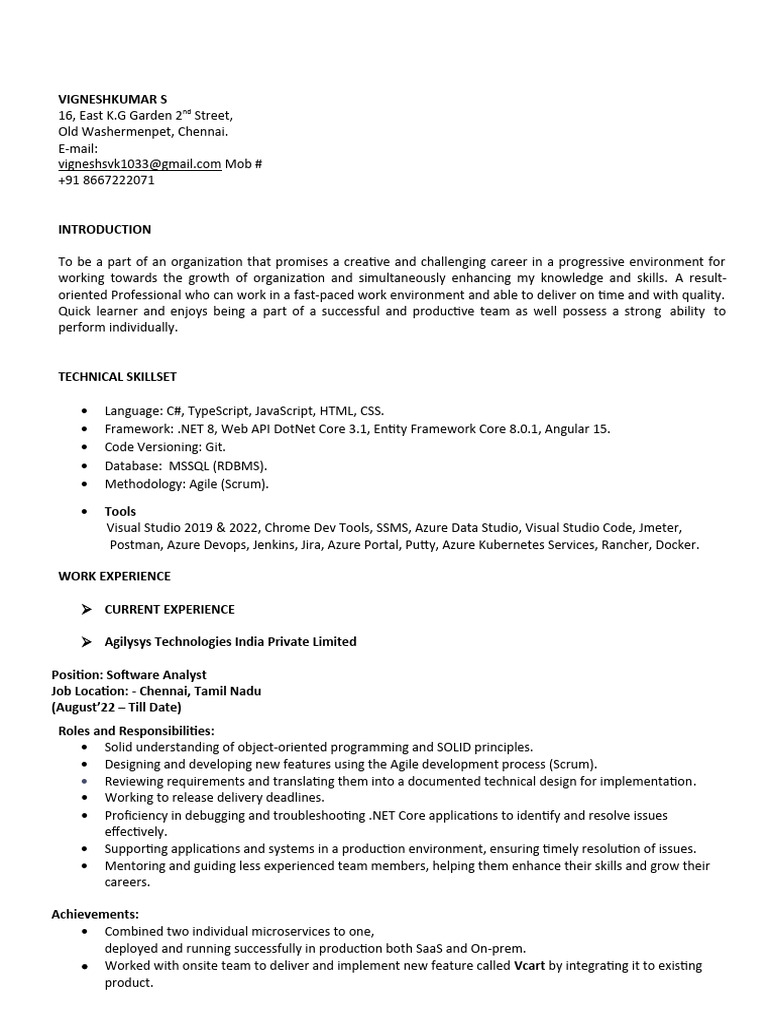Vigneshkumar S Net Exp Web Api Resume Pdf Computer Programming Agile Software Development