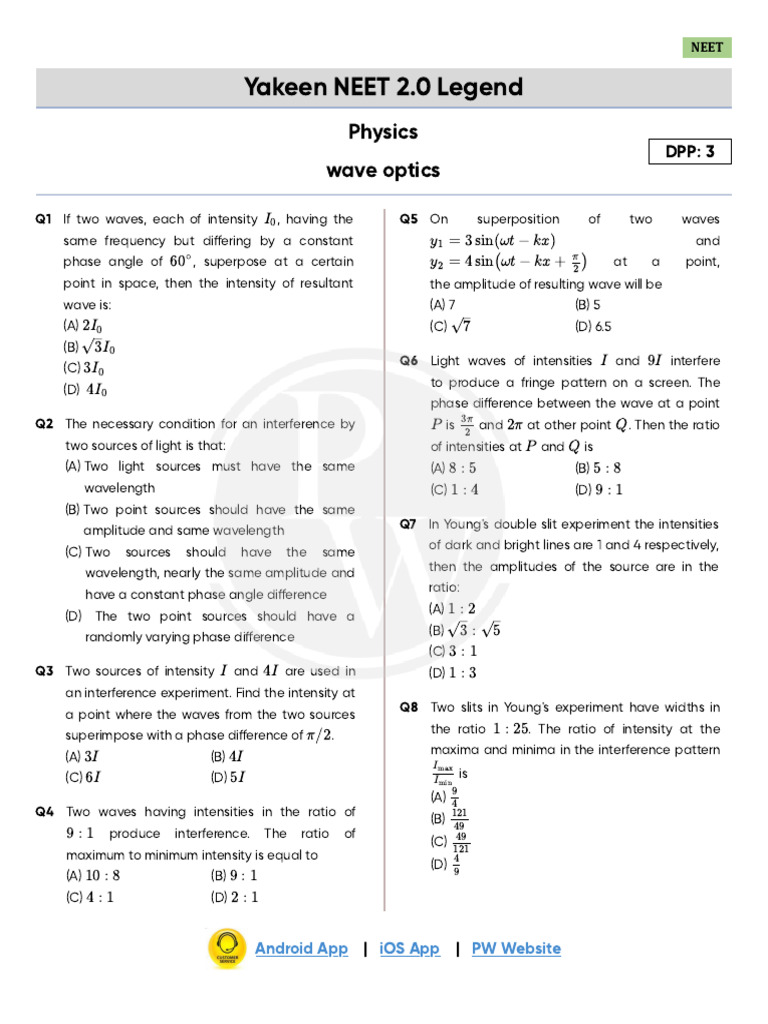 NEET Wave Optics Practice Questions | PDF | Wavelength | Waves