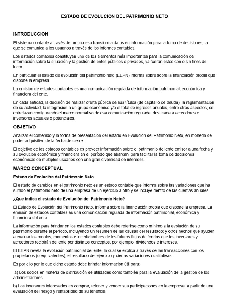 Estado de Evolucion Del Patrimonio Neto | PDF | Contabilidad | Valor neto